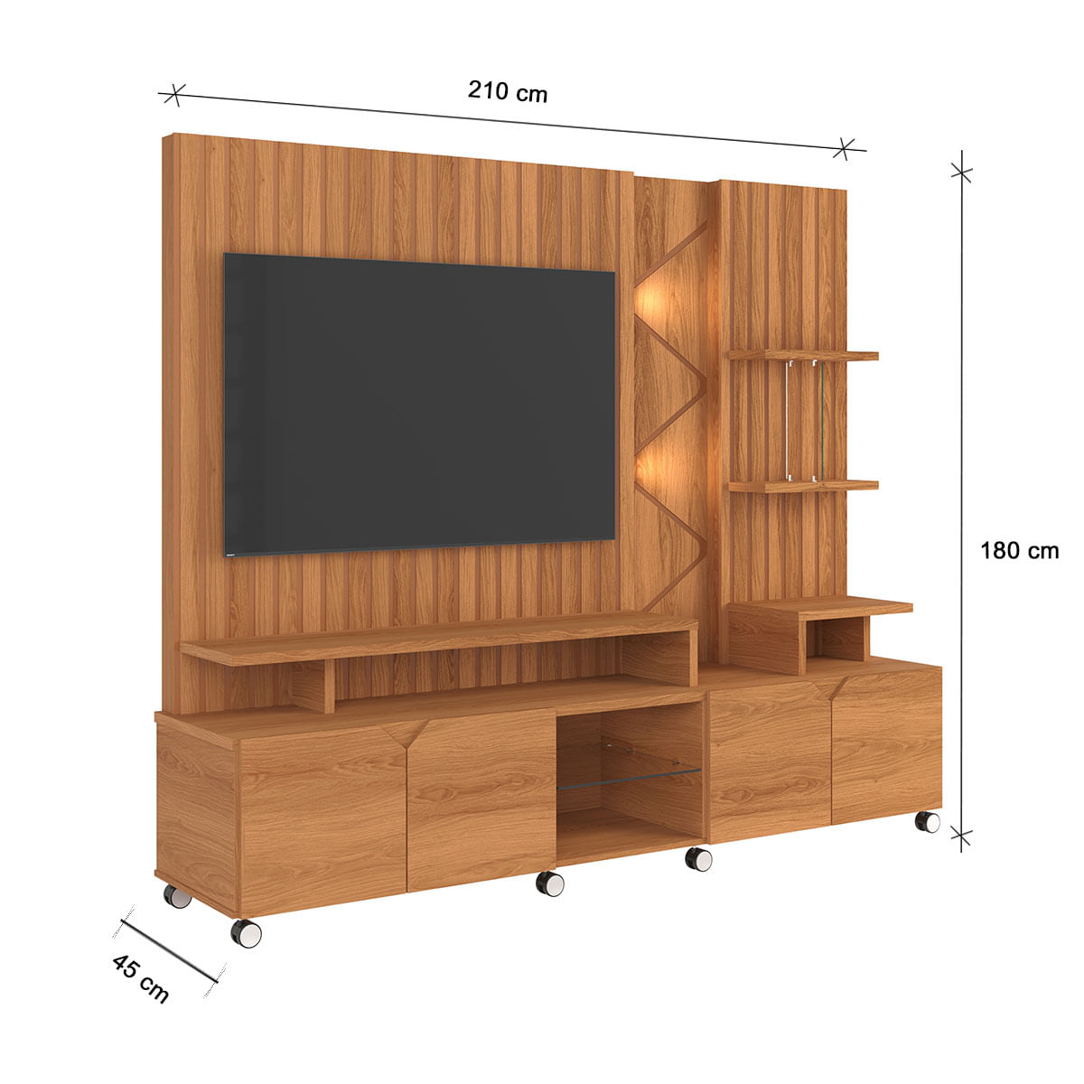 Estante Home para TV até 55 Polegadas 4 Portas Prateleiras Luz Led e Rodízio Cross Jequitibá ...
